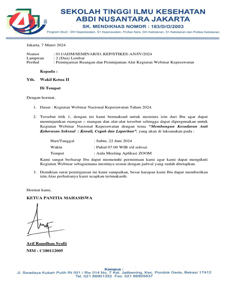 Surat Peminjaman Ruangan Dan Peralatan 2024 | PDF