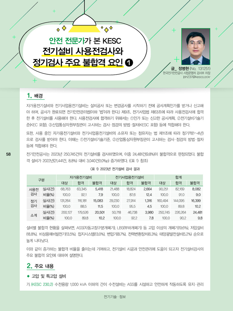 협회지_202405-06월_KESC_전기설비 사용전검사와 정기검사 주요 불합격 요인1 | PDF
