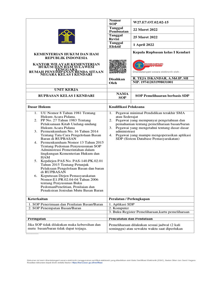 SOP Pemeliharaan Basanbaran Berbasis SDP | PDF
