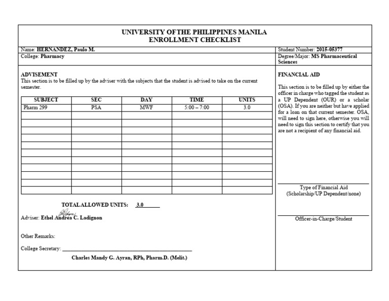 UP Manila Enrollment Checklist 2023 | PDF | Pharmacy | Pharmaceutical ...