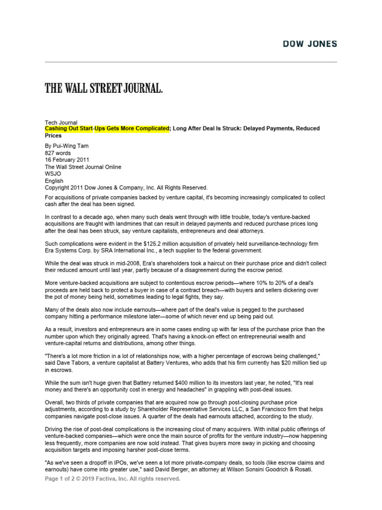 Cashing Out Start-Ups GetS More Complicated - 2011 | PDF | Venture ...