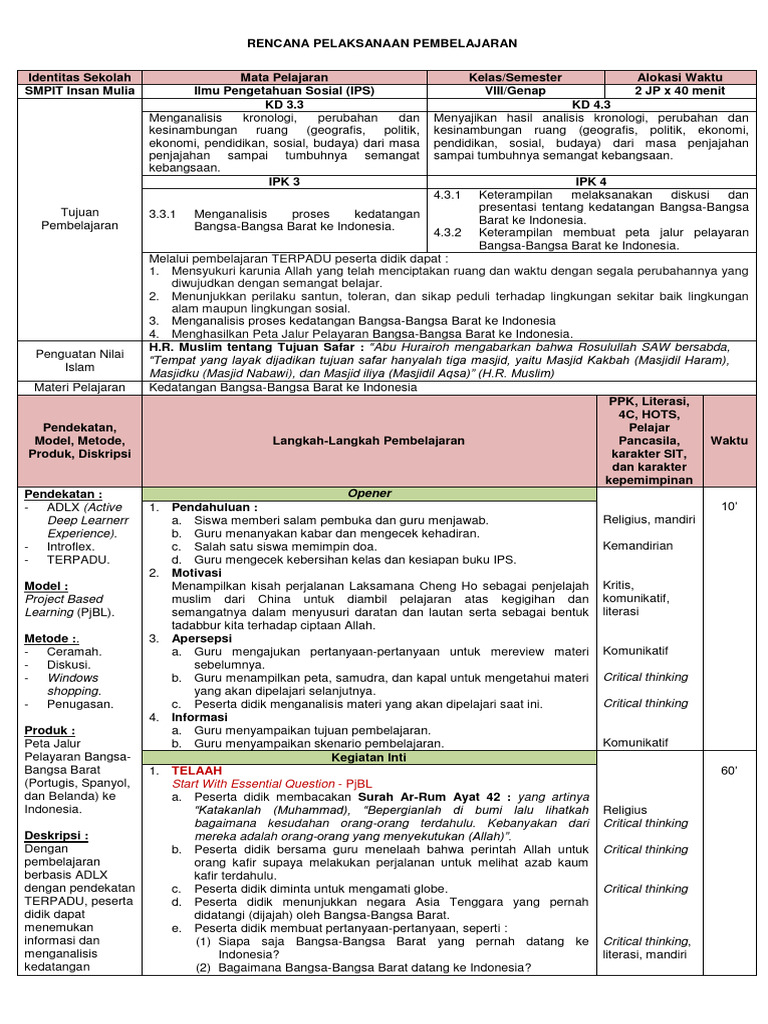 RPP Terpadu JSIT - IPS Kelas 8 - Kedatangan Bangsa Barat Ke Indonesia | PDF