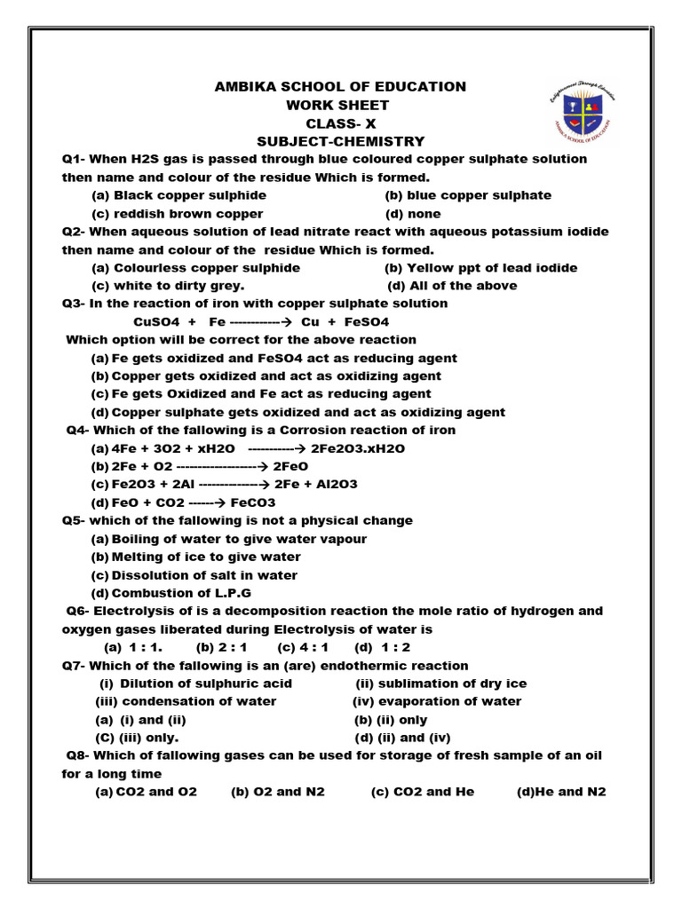 CHEMISTRY WORKSHEET class X | Download Free PDF | Chemical Reactions ...