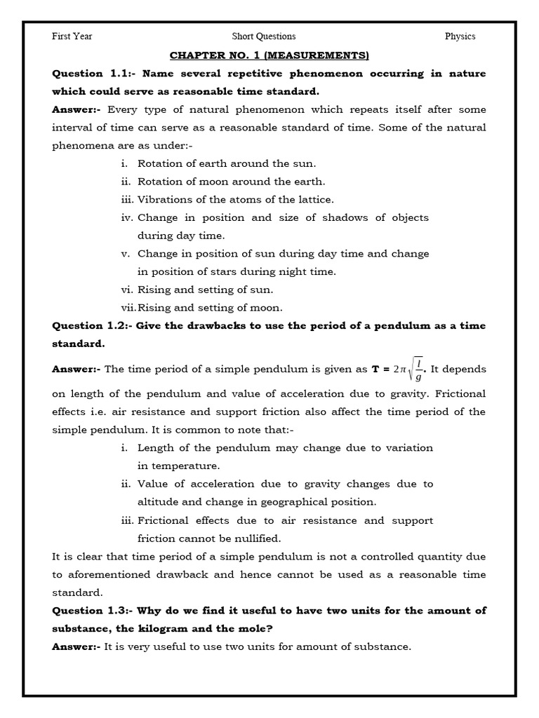 Short Questions (First Year Physics) | PDF | Rotation Around A Fixed Axis | Angular Momentum