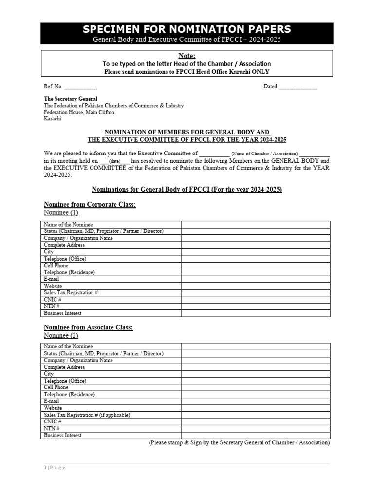 FPCCI Nomination Papers 2024-2025 | PDF | Government