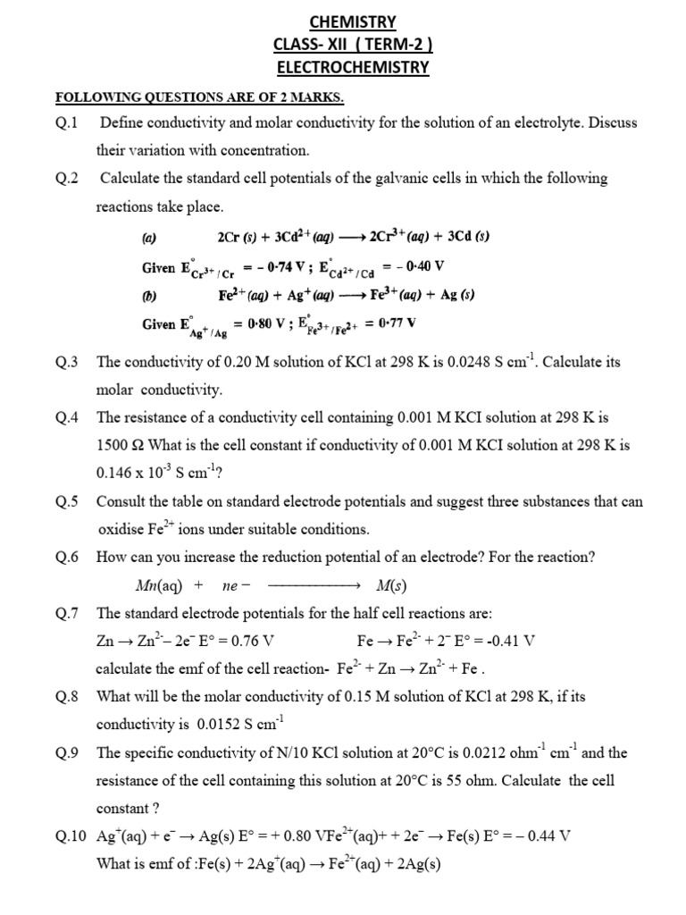 10-Class - XII ( Electrochemistry ) | PDF | Redox | Electrochemistry