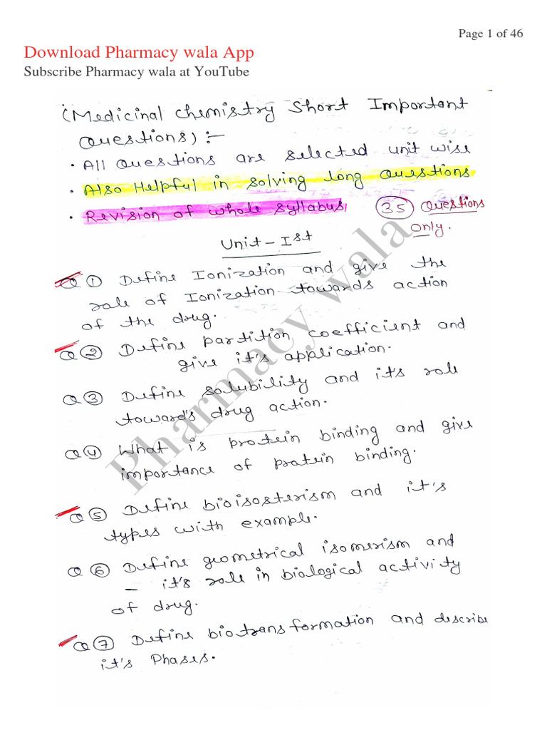 Medicinal Chemistry Short Important Questions 4th Semester Shahruddin ...