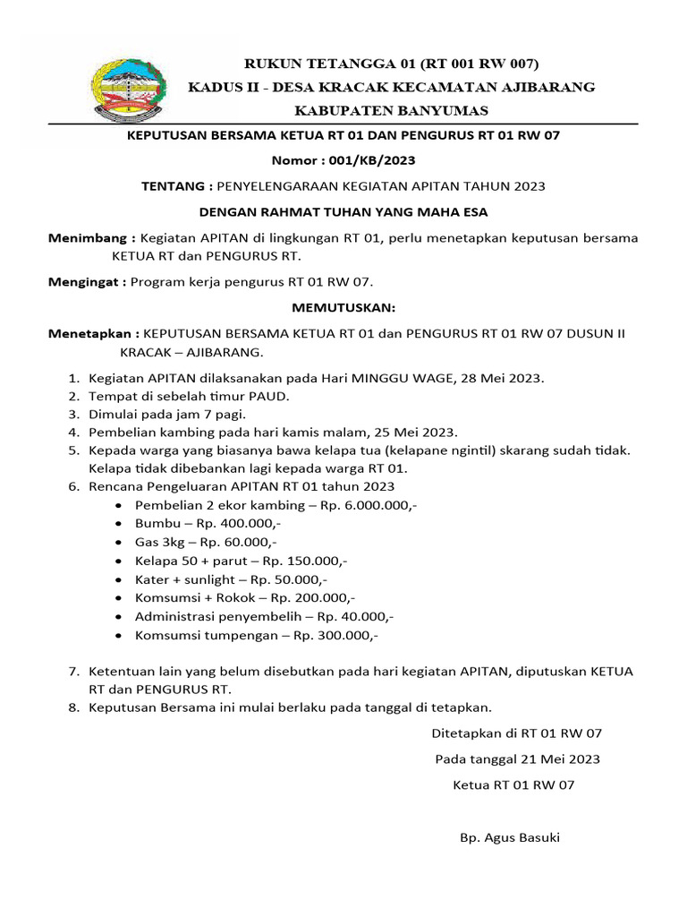 Surat Keputusan Bersama Acara RT | PDF