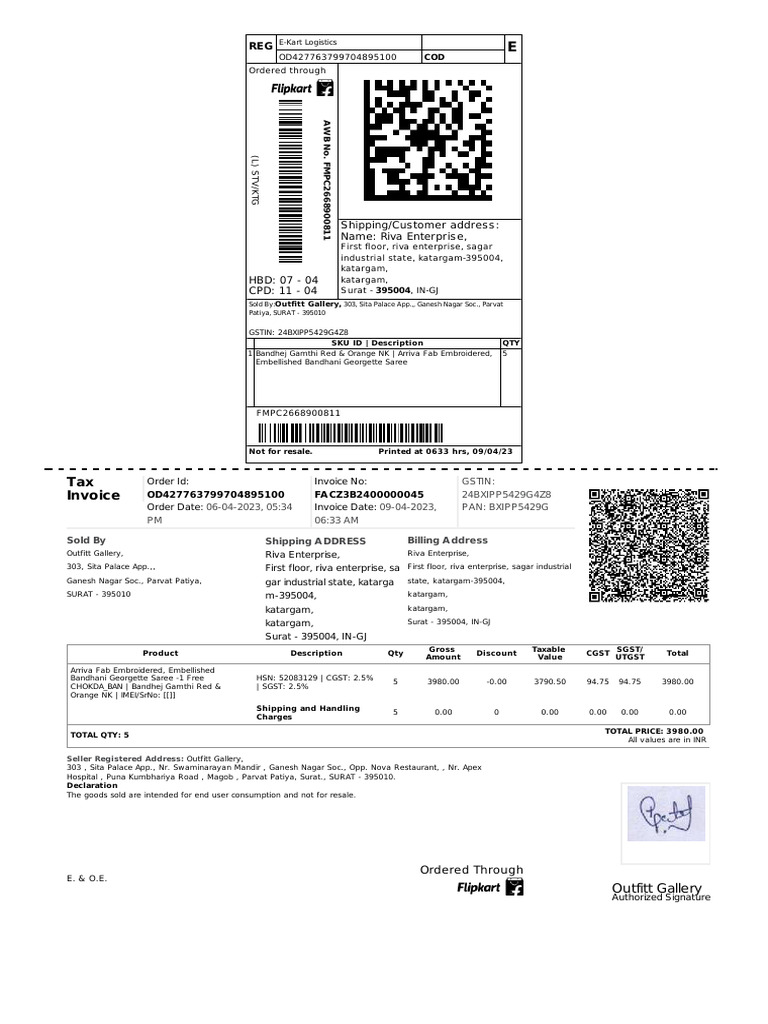 E-Kart Invoice for Bandhani Sarees | PDF | Sales | Taxes