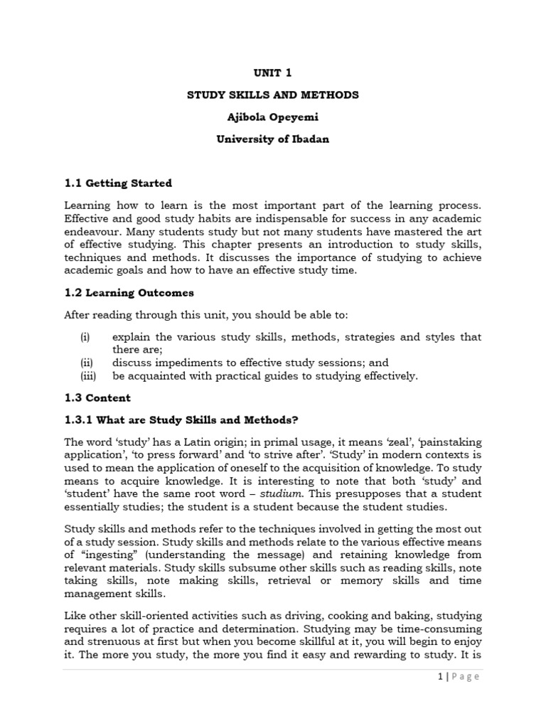GES 101 - ODL - UNIT 1 - Study Skills and Methods | PDF | Study Skills ...