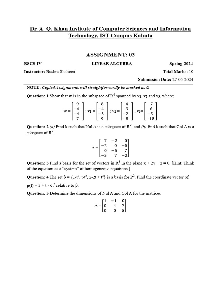 Linear Algebra Assignment BSCS-IV | PDF