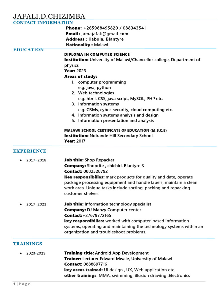 Jafali Chizimba RESUME | PDF | Computing | Computer Science