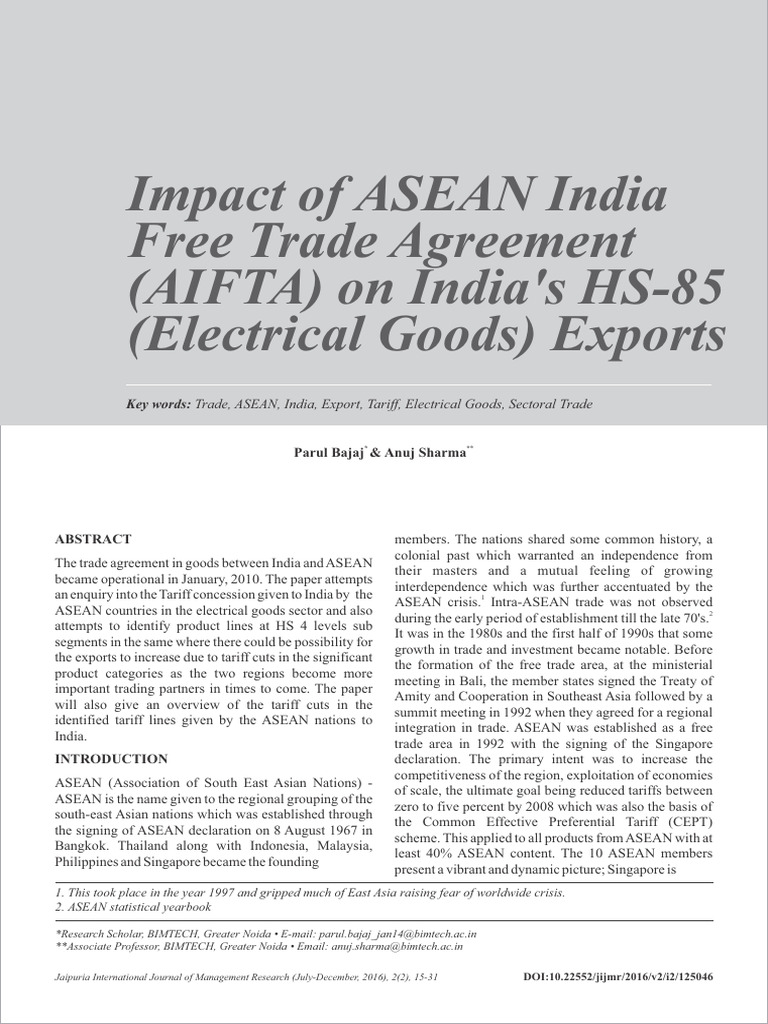 Impact of ASEAN India Free Trade Agreement (AIFTA) On India's HS-85 ...