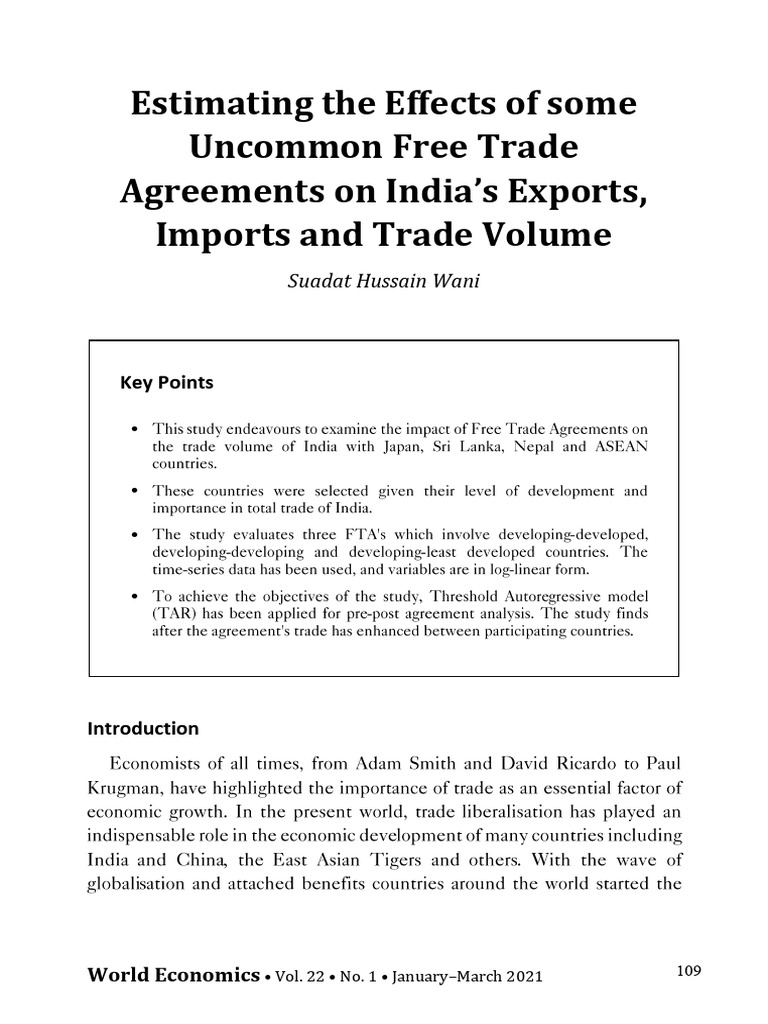 Estimating The Effects of Some Uncommon Free Trade Agreements On India's Export | PDF ...