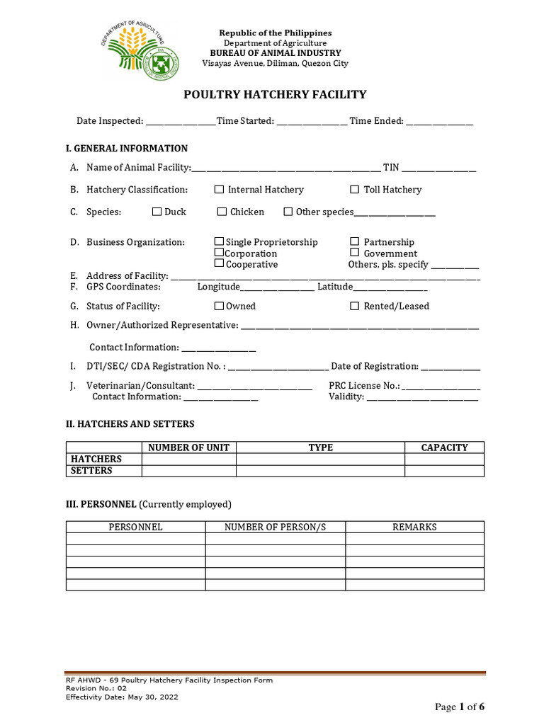 RF Ahwd 69 Poultry Hatchery Facility Inspection Form | PDF