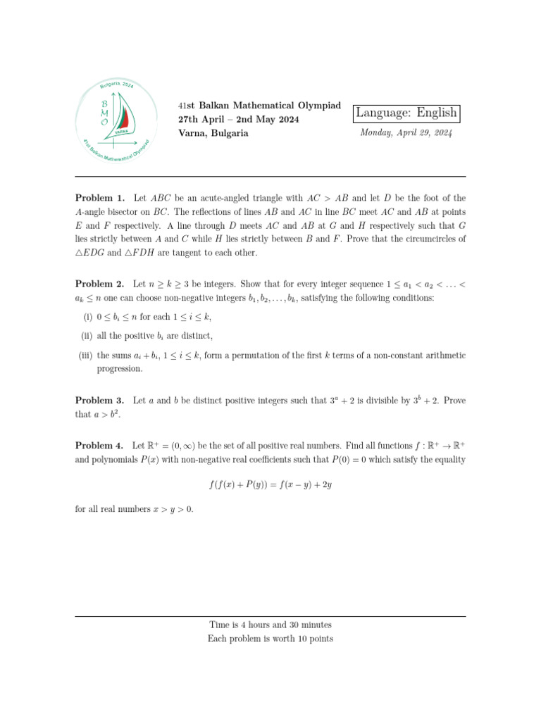 41st Balkan Mathematical Olympiad Problems | PDF