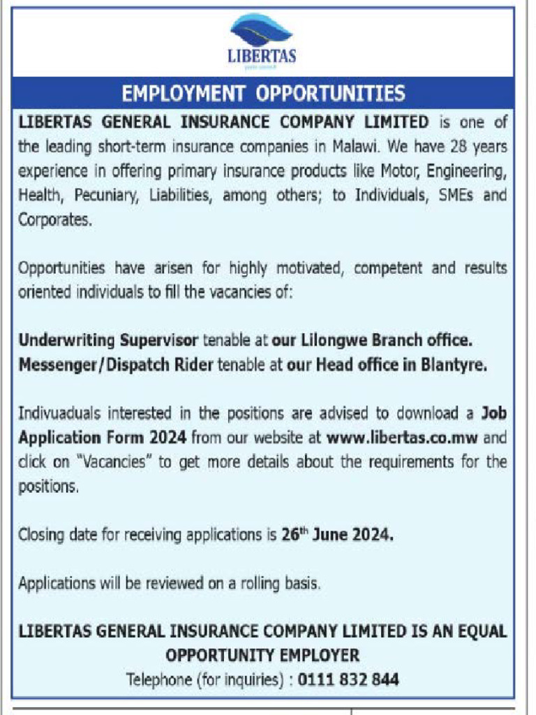Underwriting Supervisor - Libertas General Insurance Company Limited | PDF