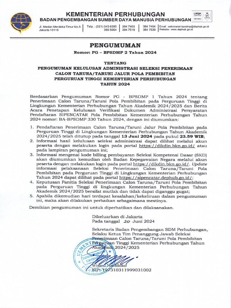 PG-BPSDMP 2 Tahun 2024 Tentang Kelulusan Administrasi | PDF