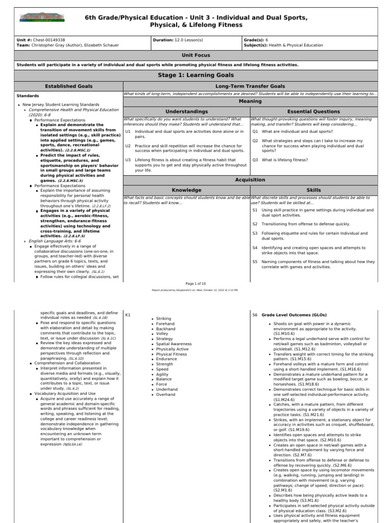 6th Grade Physical Education - Unit 3 - Individual and Dual Sports ...