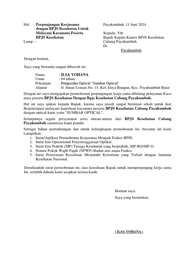 Permohonan PKS BPJS (Sumbar Optical) 2024 | PDF