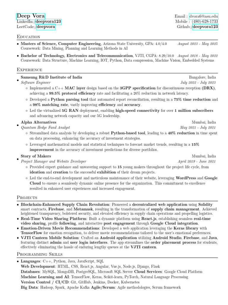 Deep_Vora_Resume | Download Free PDF | Software Engineering | Computer Engineering