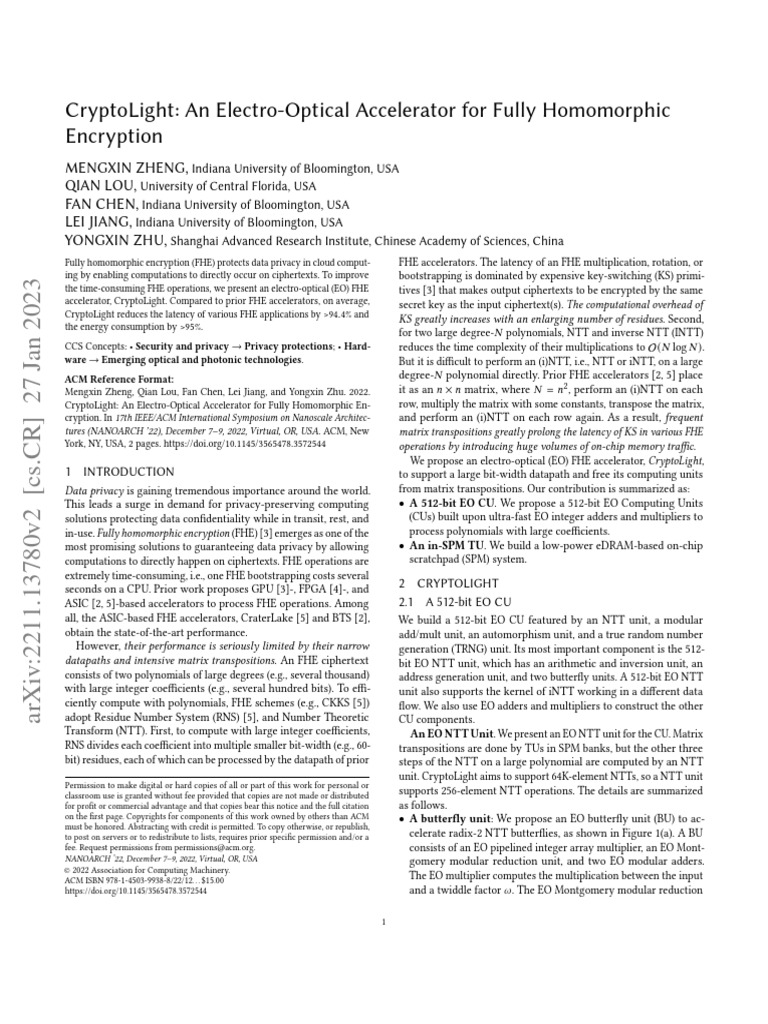 CryptoLight An Electro-Optical Accelerator For FHE | PDF | Computer Science | Computing
