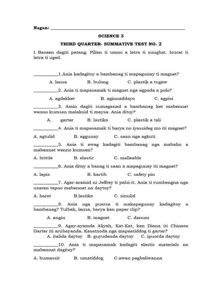 Science 3 Summative 2 Q3 | PDF