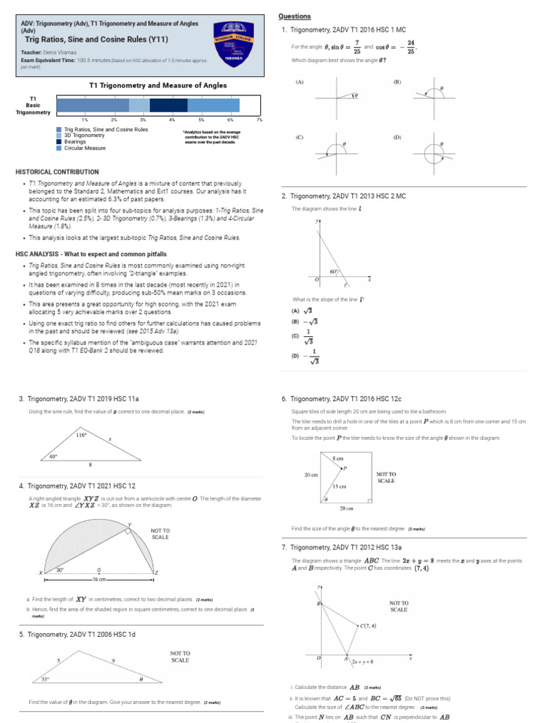 Trig Ratios Sine And Cosine Rules Y11 Pdf Trigonometry
