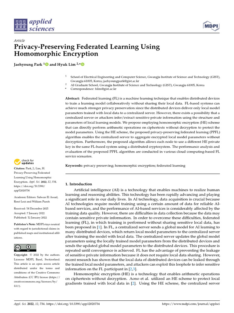 Applied Sciences Privacy-Preserving Federated Learning Using Homomorphic Encryption | PDF ...