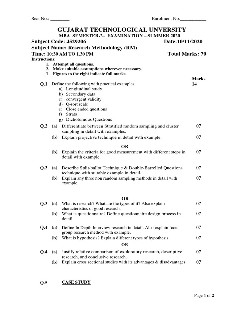 MBA Research Methodology Exam Paper | PDF | Sampling (Statistics) | Methodology
