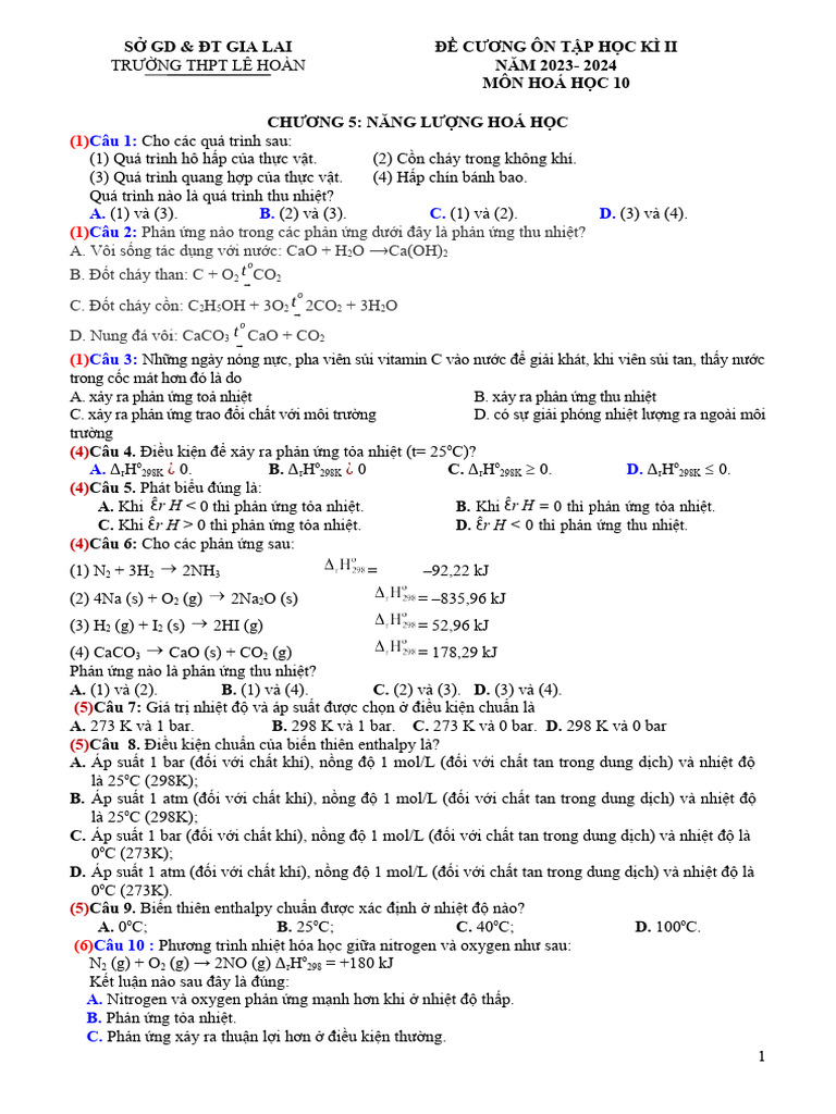 đề cương HKII hóa 10 năm 2023 2024 | PDF