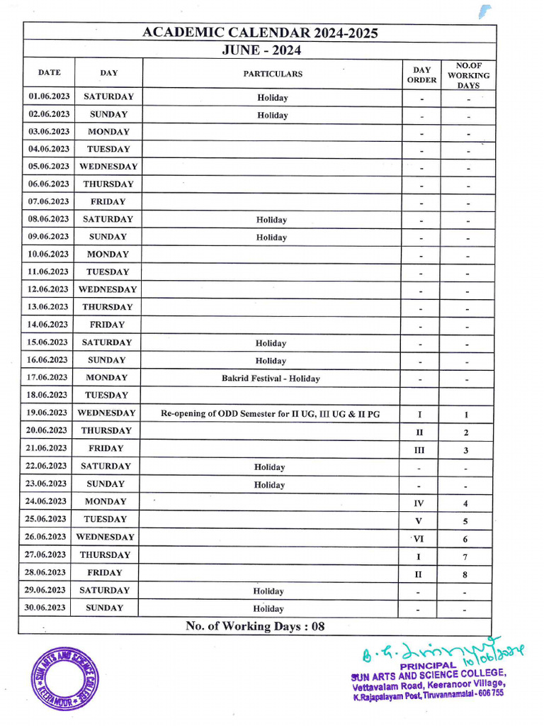 Sun College-June-Academic Schedule - Students | PDF