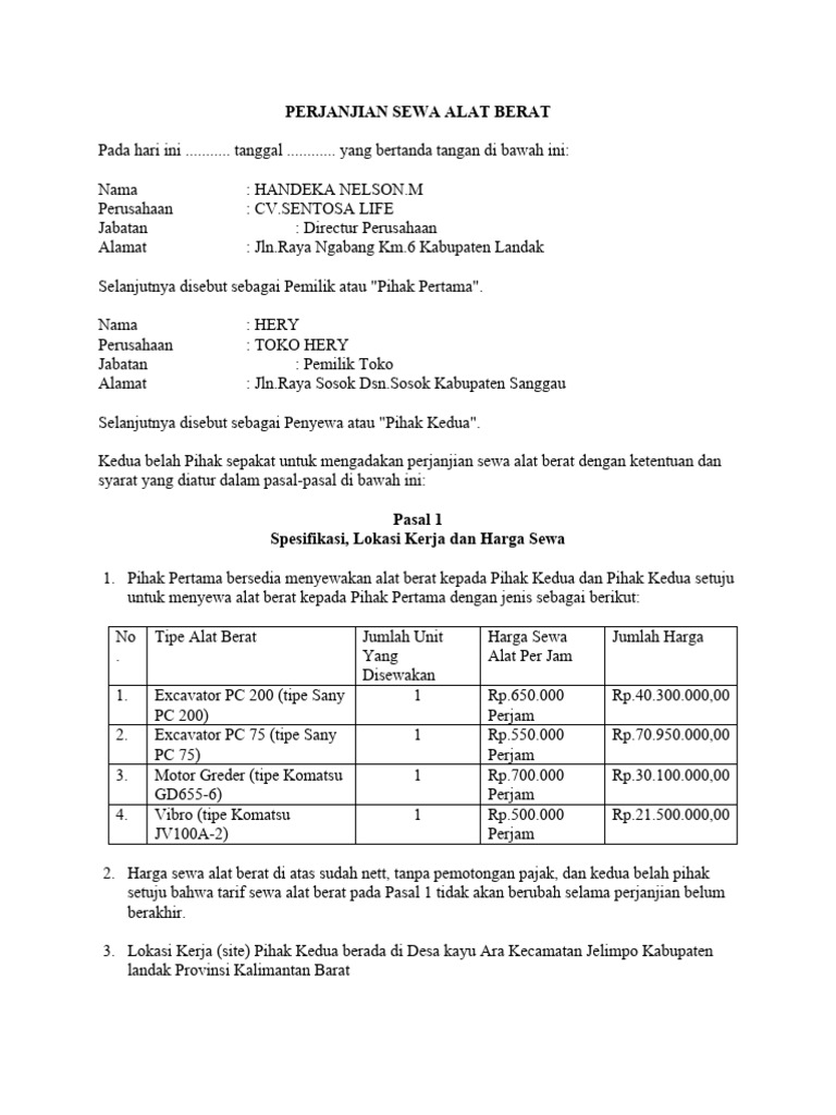 Perjanjian Sewa Alat Berat CV Sentosa Life | PDF