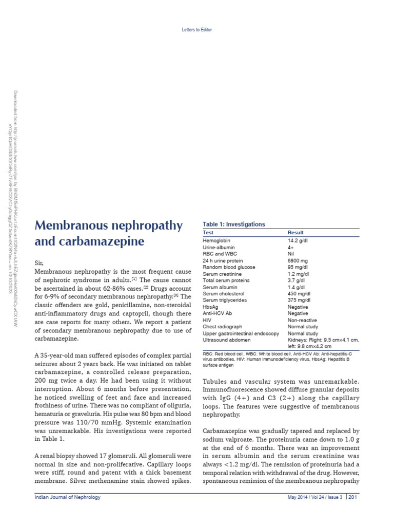 Membranous Nephropathy and Carbamazepine.20 | PDF | Red Blood Cell | Blood Plasma