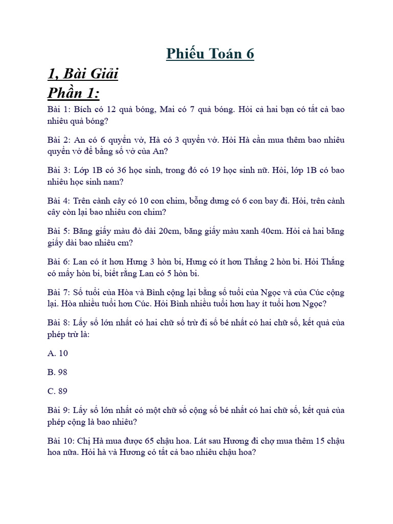 Phiếu Toán L P 1 | PDF