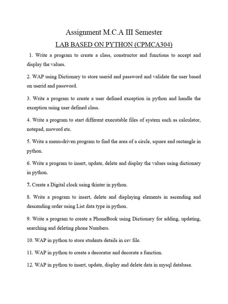 Python Lab Assignments for MCA III Semester | PDF