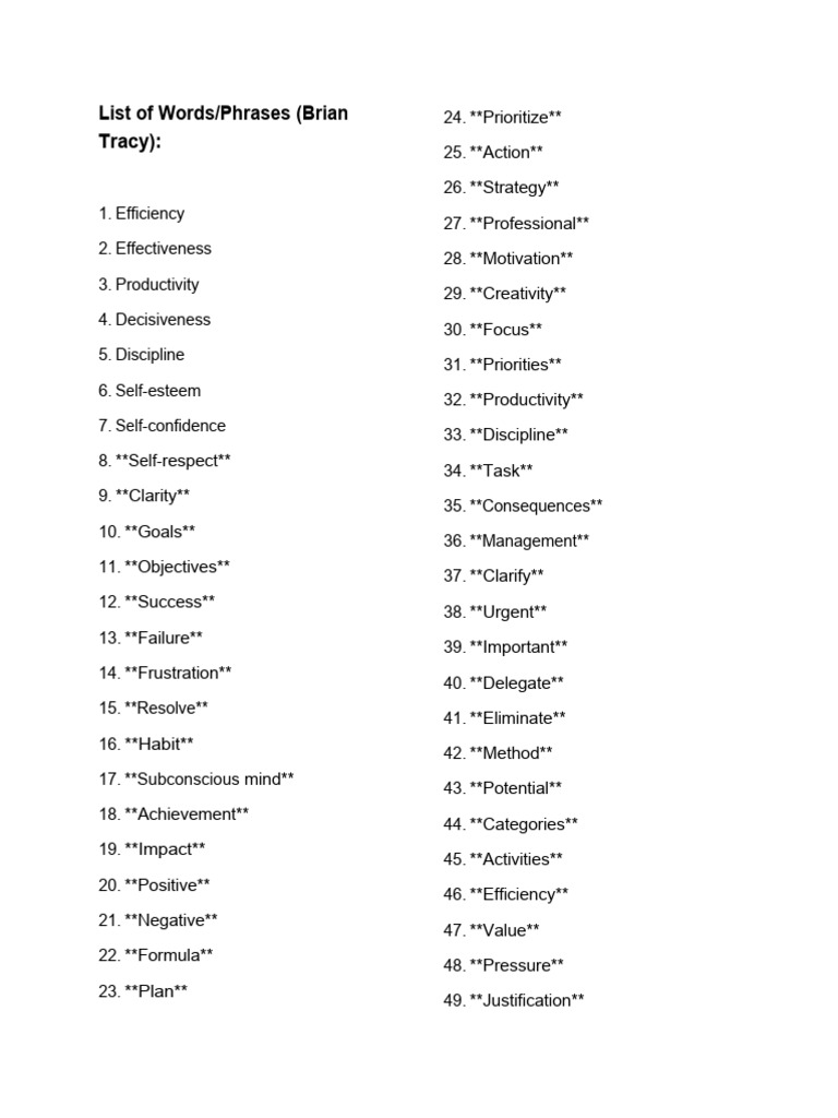 Brian Tracy Key Words | PDF | Disciplines | Organizational Behavior