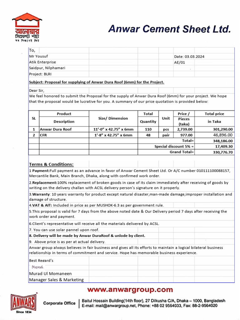 Anwar Dura Roof Supply Proposal | PDF | Private Sector | Business