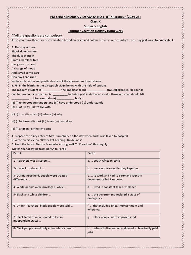 Class X English Summer Homework | PDF | Poetry | Apartheid