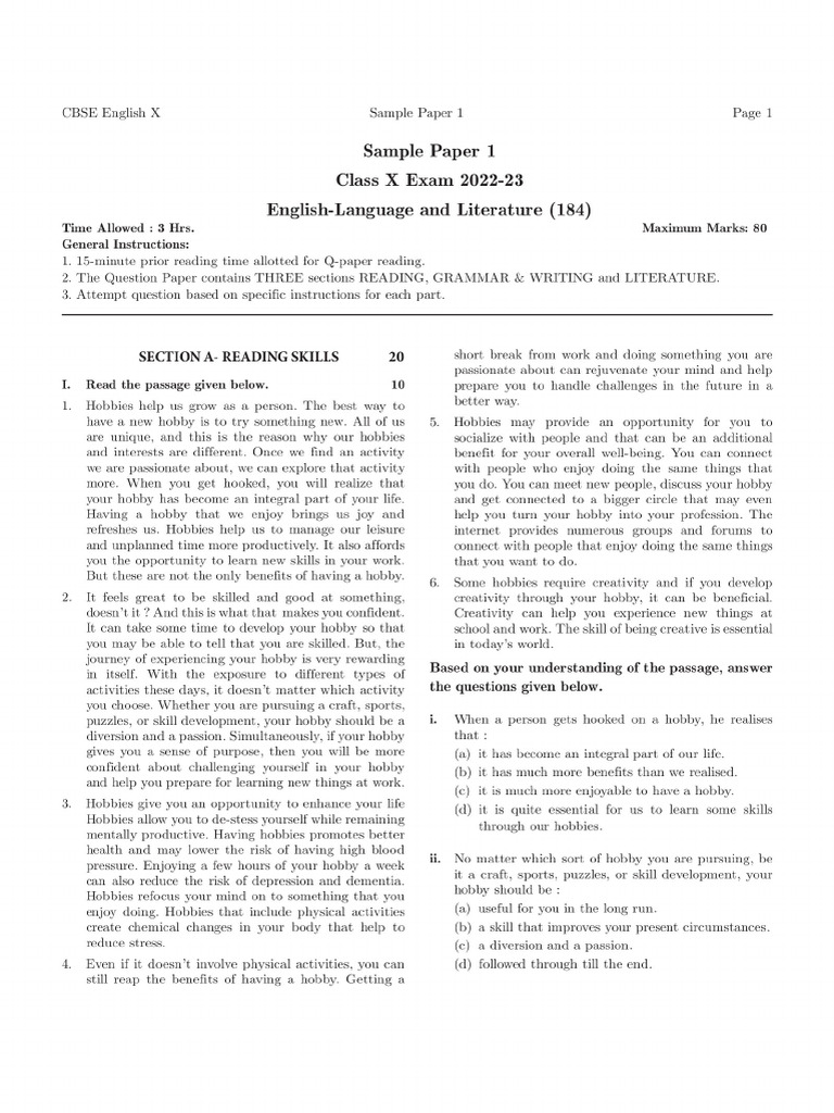 English Sample Paper 1 | PDF