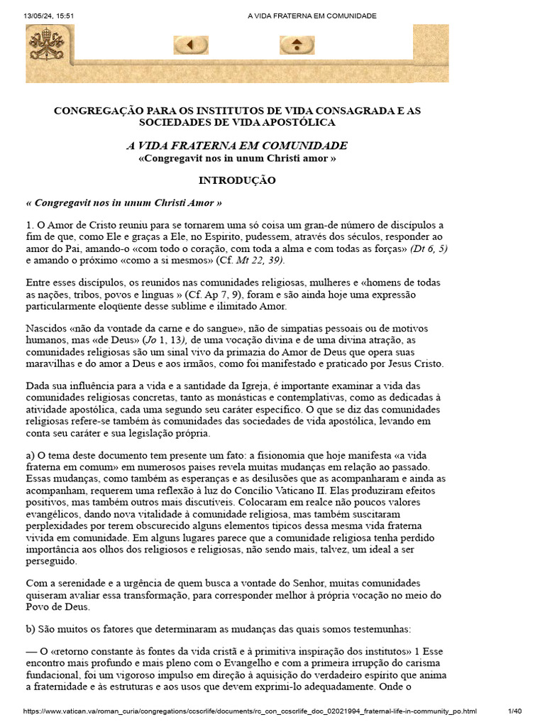 Vida Fraterna em Comunidade Religiosa | PDF | Eucaristia | Oração