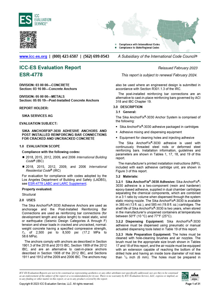 ESR AnchorFix 3030 | PDF | Strength Of Materials | Concrete