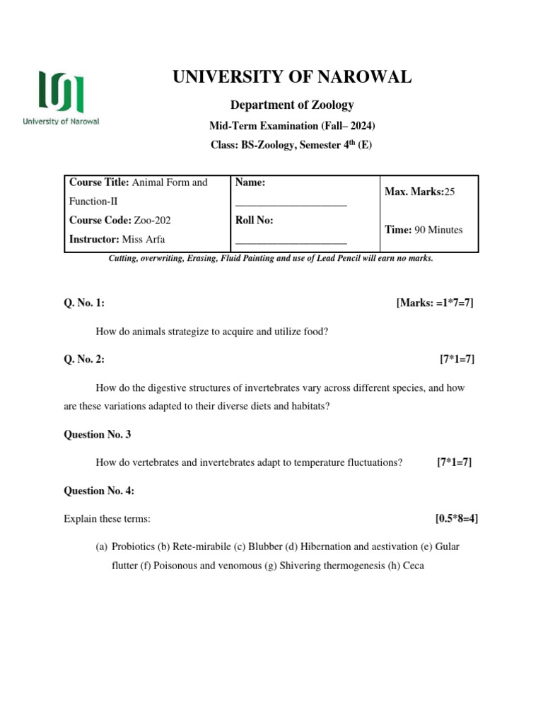 Zoology Mid-Term Exam: Animal Form II | PDF