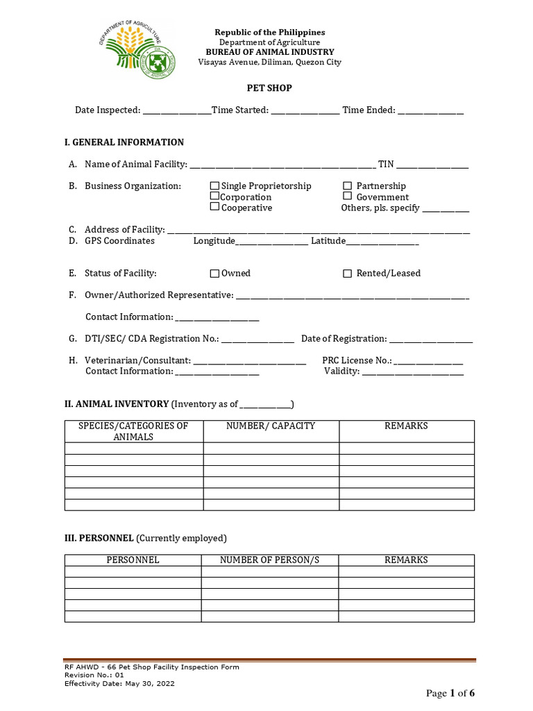 RF Ahwd 66 Pet Shop Facility Inspection Form | PDF | Veterinary ...