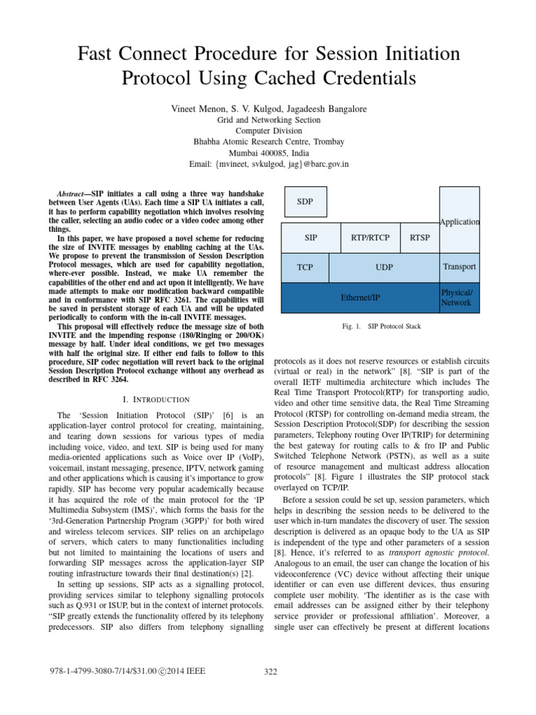 Fast Connect Procedure For Session Initiation Protocol Using Cached ...