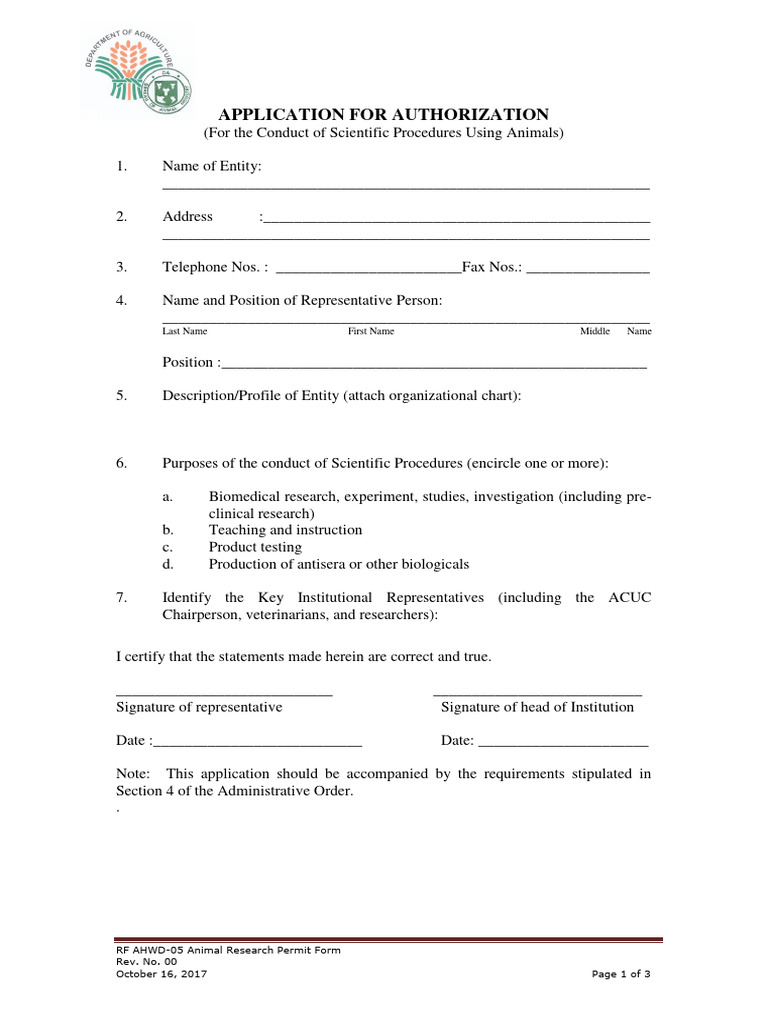 RF Ahwd 05 Animal Research Permit Application Form | PDF | Surgery ...