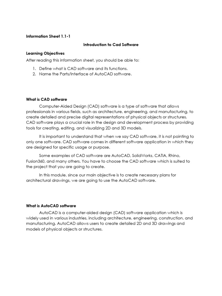 Information Sheet 1 | PDF | Computer Aided Design | Auto Cad