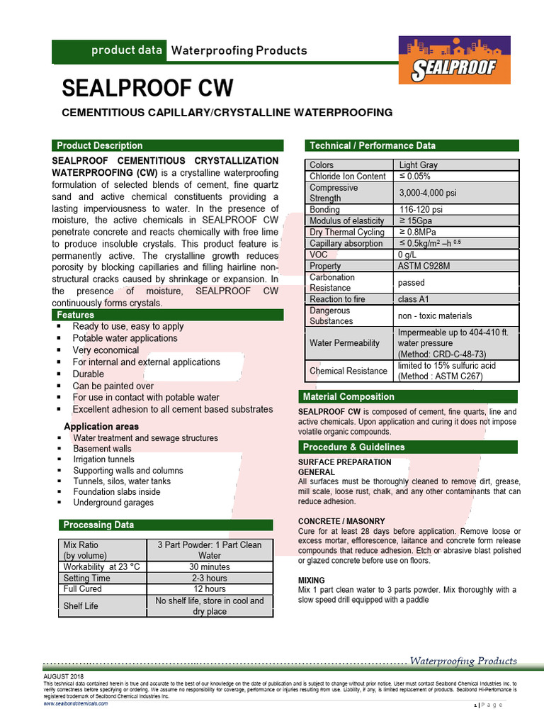Sealproof CW: Product Data | PDF | Cement | Concrete