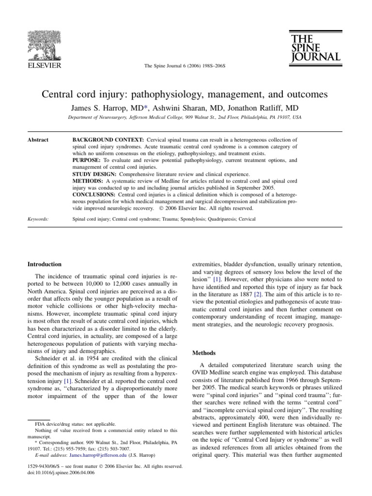 Central Cord Injury: Pathophysiology, Management, and Outcomes | PDF ...