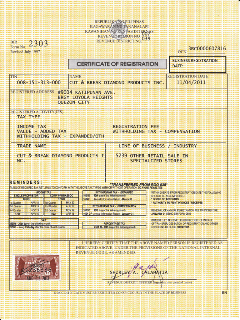 BIR Certificate (Form 2303) | PDF | Taxes | Economies